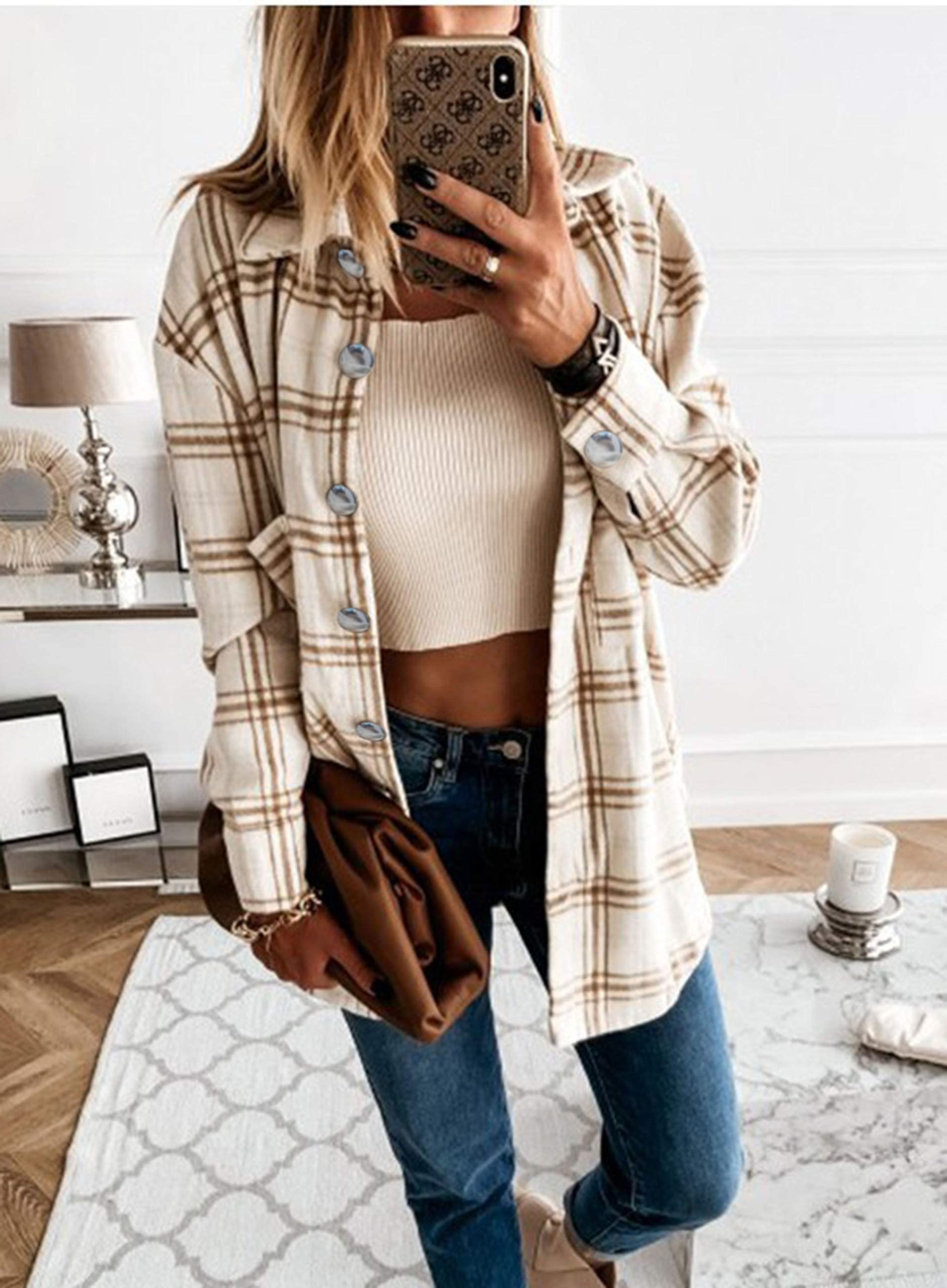 MISSACTIVER Women’s Flannel Plaid Shirts Oversized Long Sleeve Collared Boyfriend Plaid Blouse Shacket Top (Medium, Off-White)