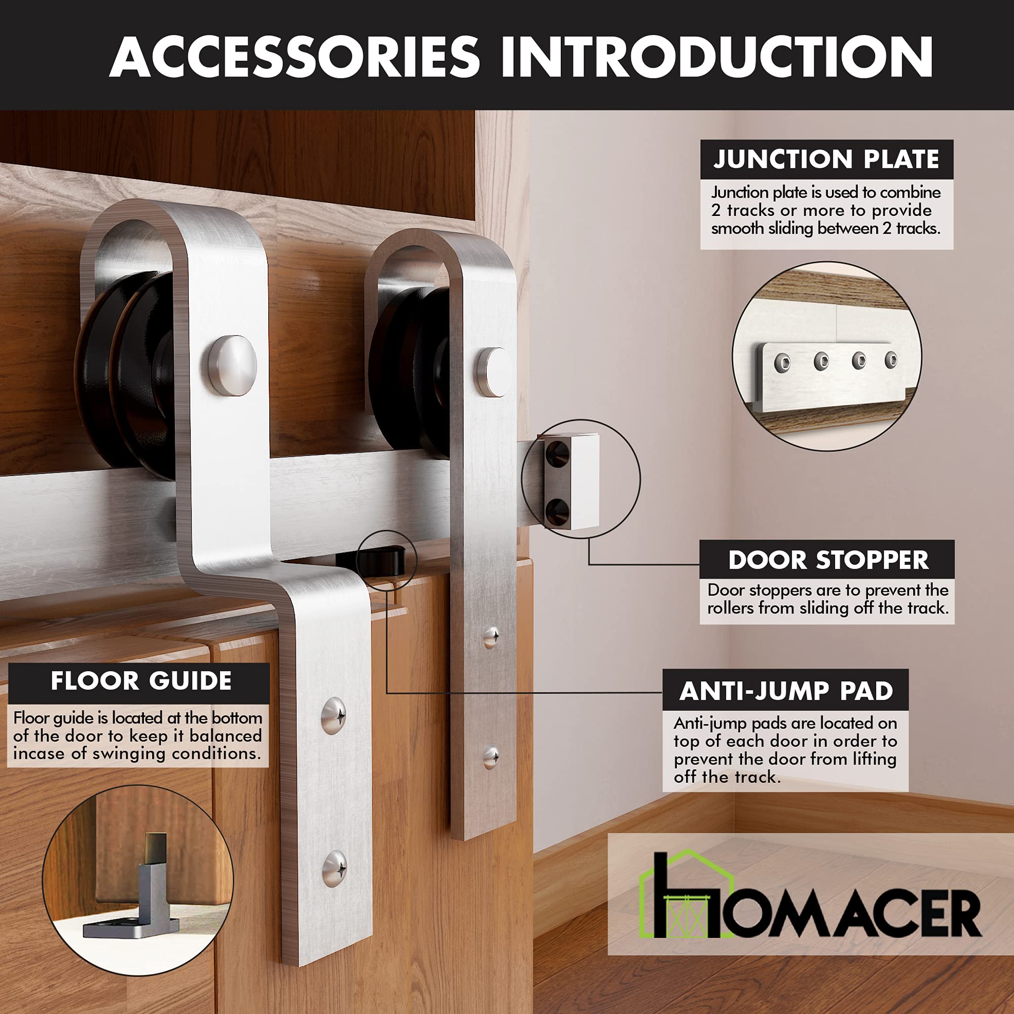 Homacer Mini Brushed Nickel Single Track Bypass Sliding Barn Door Hardware Kit, for Two/Double Doors, 48-inch Long Flat Track, Straight Design Roller, Cabinet TV Stand Console Use…