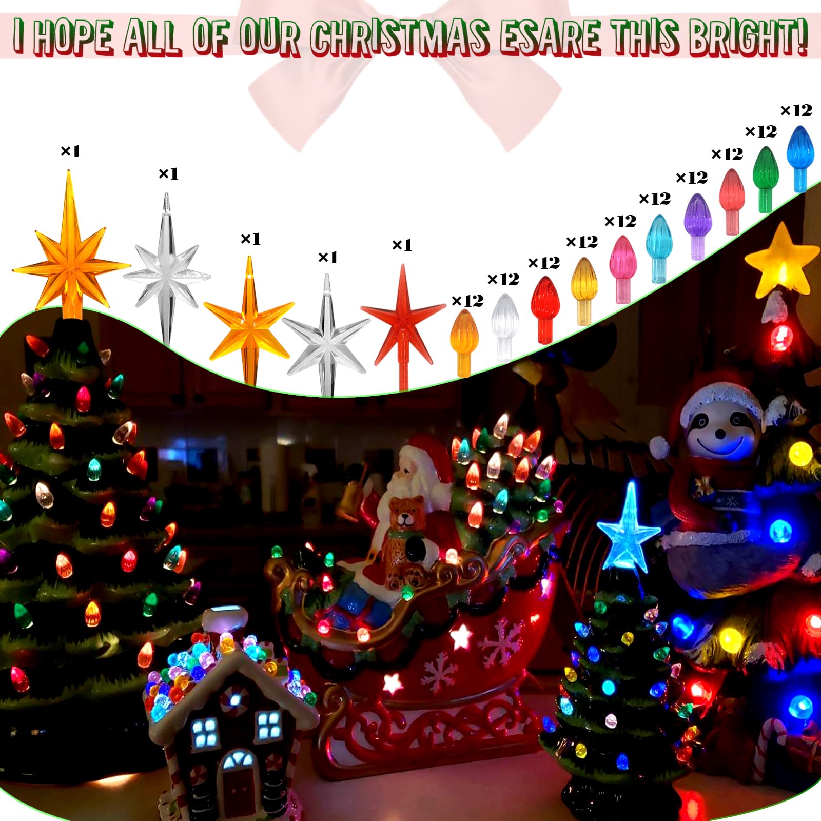 KonohaELF Ceramic Christmas Tree Replacement Lights/Bulbs, Ceramic Tree Medium Multicolor Twist Light Ornaments(117 Bulbs+5 Topper Star)