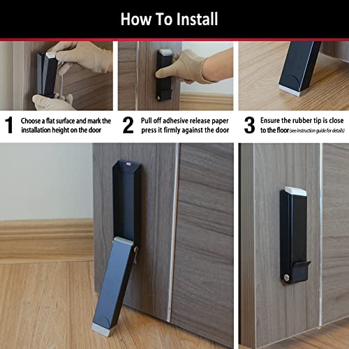 No Drilling Door Stoppers, Easy Pedal Kick Down Door Stop, Self Adhesive Metal Doorstop, Flip by Foot, Hinge Door Handle Protector (Black x 1 Pack)