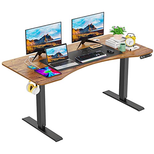 55 x 24 Inch Electric Standing Desk Adjustable Height, Sit-Stand Desk with Oversized Mouse Pad, Ergonomic Curved Desktop, Double Crossbeam Structure, 27''-45'' Lifting Range Stand up Desk(Brown)
