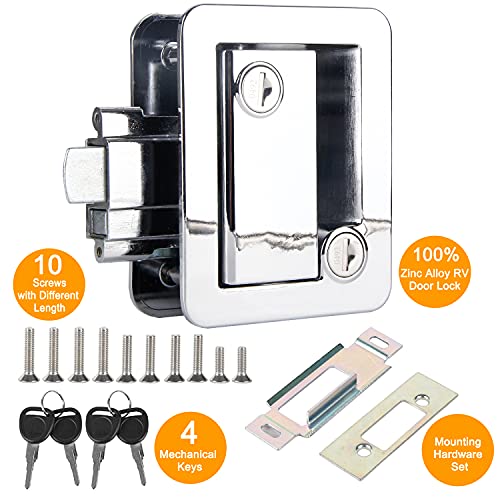 VOGREX RV Door Lock, Travel Trailer Entry Door Lock with Paddle Deadbolt, Camper Door Latch Handle with 4 Keys, Chrome Trailer Door Lock for Camper Travel Trailer RV