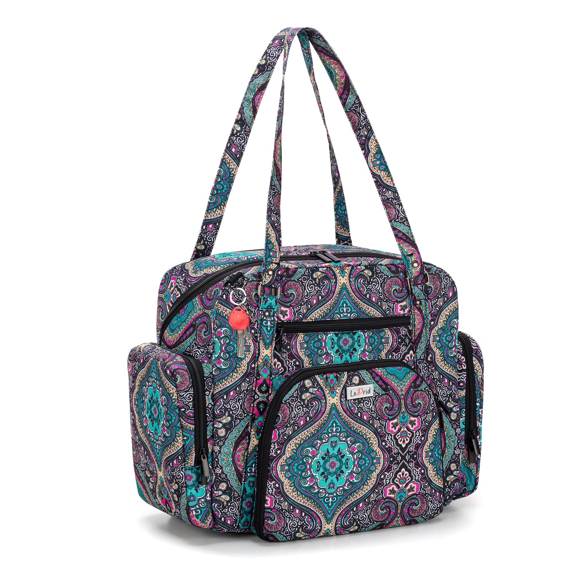 LoDrid Teacher Tote Bag with Padded Bottom, Teacher Utility Bag for Work, Large Women Work Tote Bag with Zip-Top Closure, 15.6" Laptop Layer, Multi-pockets for Teacher Supplies, Totem, Bag Only