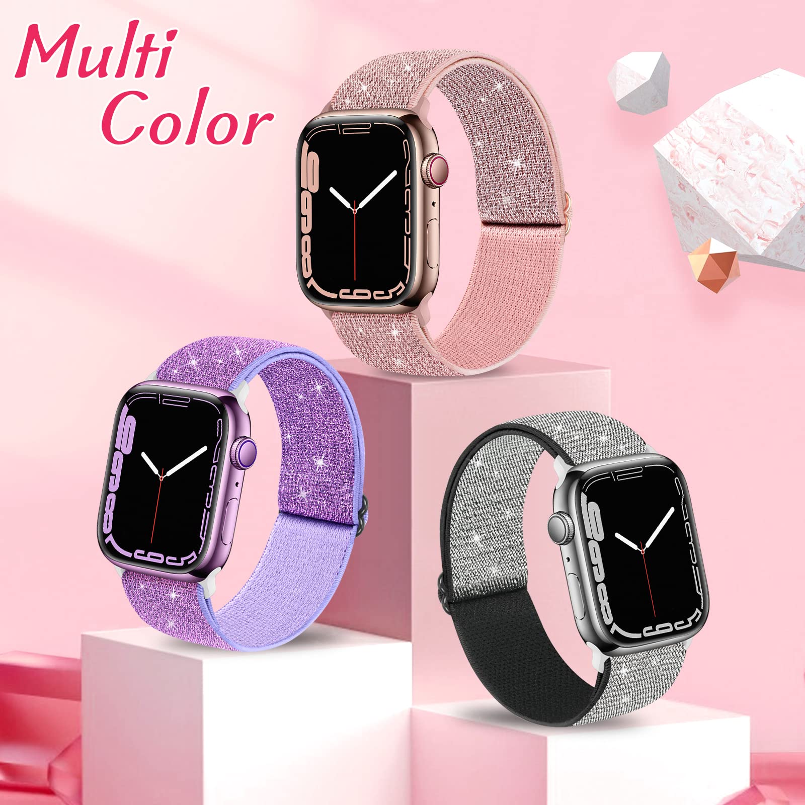 3 Pack Shiny Bands Compatible with Apple Watch Band for Women 38mm 40mm 41mm, Nylon Stretchy Straps for iWatch Series 9 Ultra SE 8 7 6 5 4 3 2 1