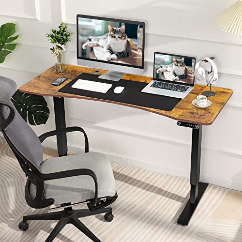 55 x 24 Inch Electric Standing Desk Adjustable Height, Sit-Stand Desk with Oversized Mouse Pad, Ergonomic Curved Desktop, Double Crossbeam Structure, 27''-45'' Lifting Range Stand up Desk(Brown)