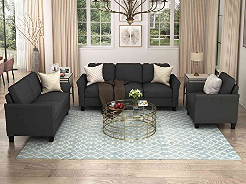 Cotoala 3 Piece Living Room Sofa Set, Upholstered Sectional Couch Set, One Three-Seat Chair & Loveseat and Armchair, (1+2+3 ), Cement Gray