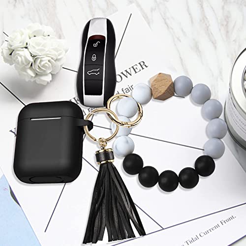 Silicone Headphone Case Cover,Wonjury Protective Case with Bracelet Keychain for Women Girls,Skin for 2 & 1 Charging Case, Black