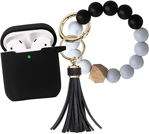 Silicone Headphone Case Cover,Wonjury Protective Case with Bracelet Keychain for Women Girls,Skin for 2 & 1 Charging Case, Black