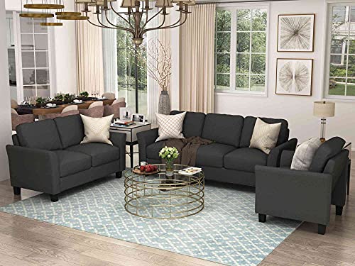 Cotoala 3 Piece Living Room Sofa Set, Upholstered Sectional Couch Set, One Three-Seat Chair & Loveseat and Armchair, (1+2+3 ), Cement Gray