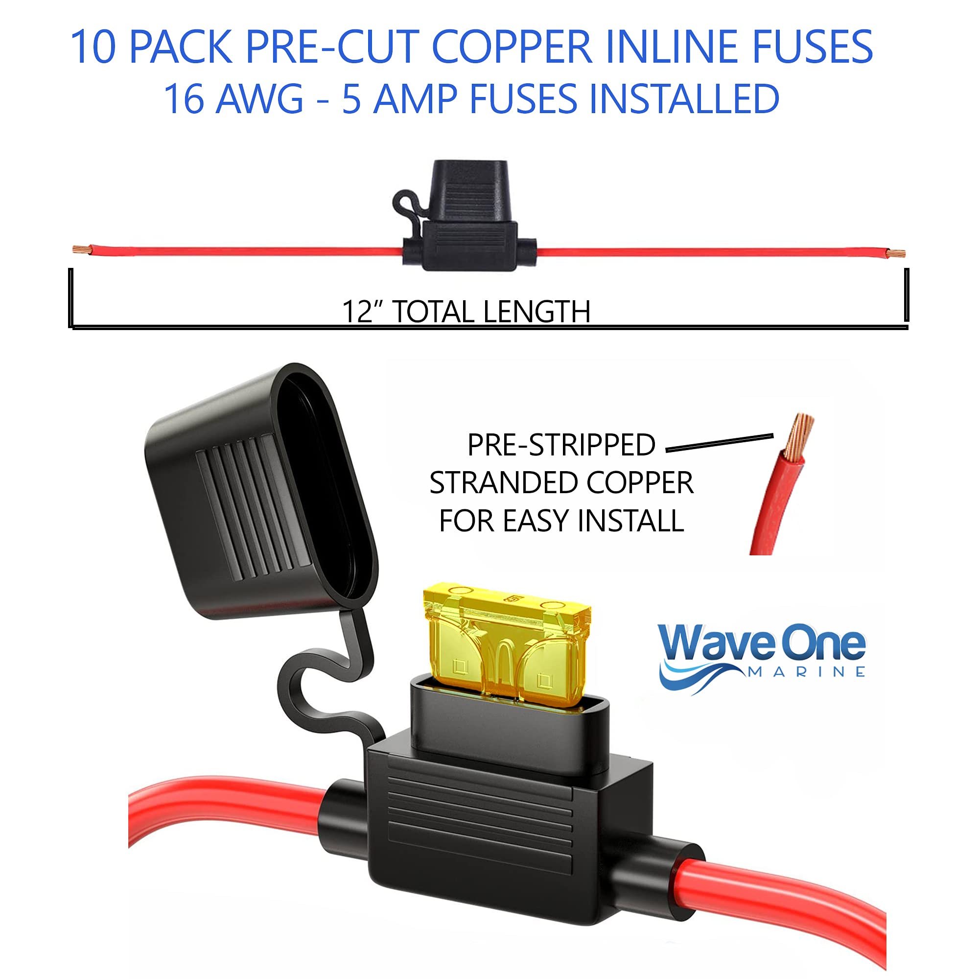 10 Pack 16 AWG Gauge Inline Fuse Holder with 5A Amp ATC ATO Blade Fuse Waterproof Auto RV Boat - Wave One Marine