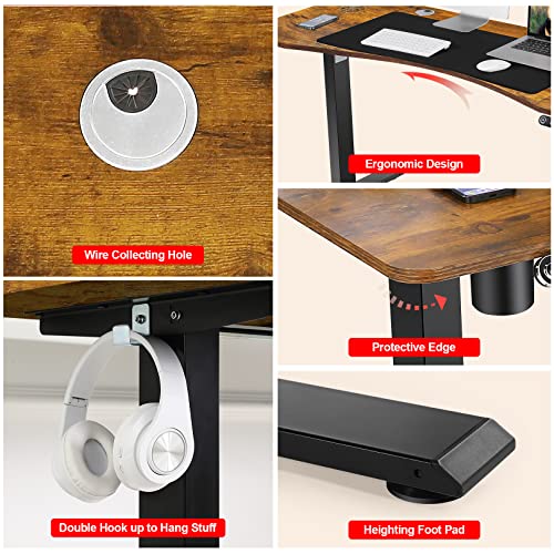 55 x 24 Inch Electric Standing Desk Adjustable Height, Sit-Stand Desk with Oversized Mouse Pad, Ergonomic Curved Desktop, Double Crossbeam Structure, 27''-45'' Lifting Range Stand up Desk(Brown)