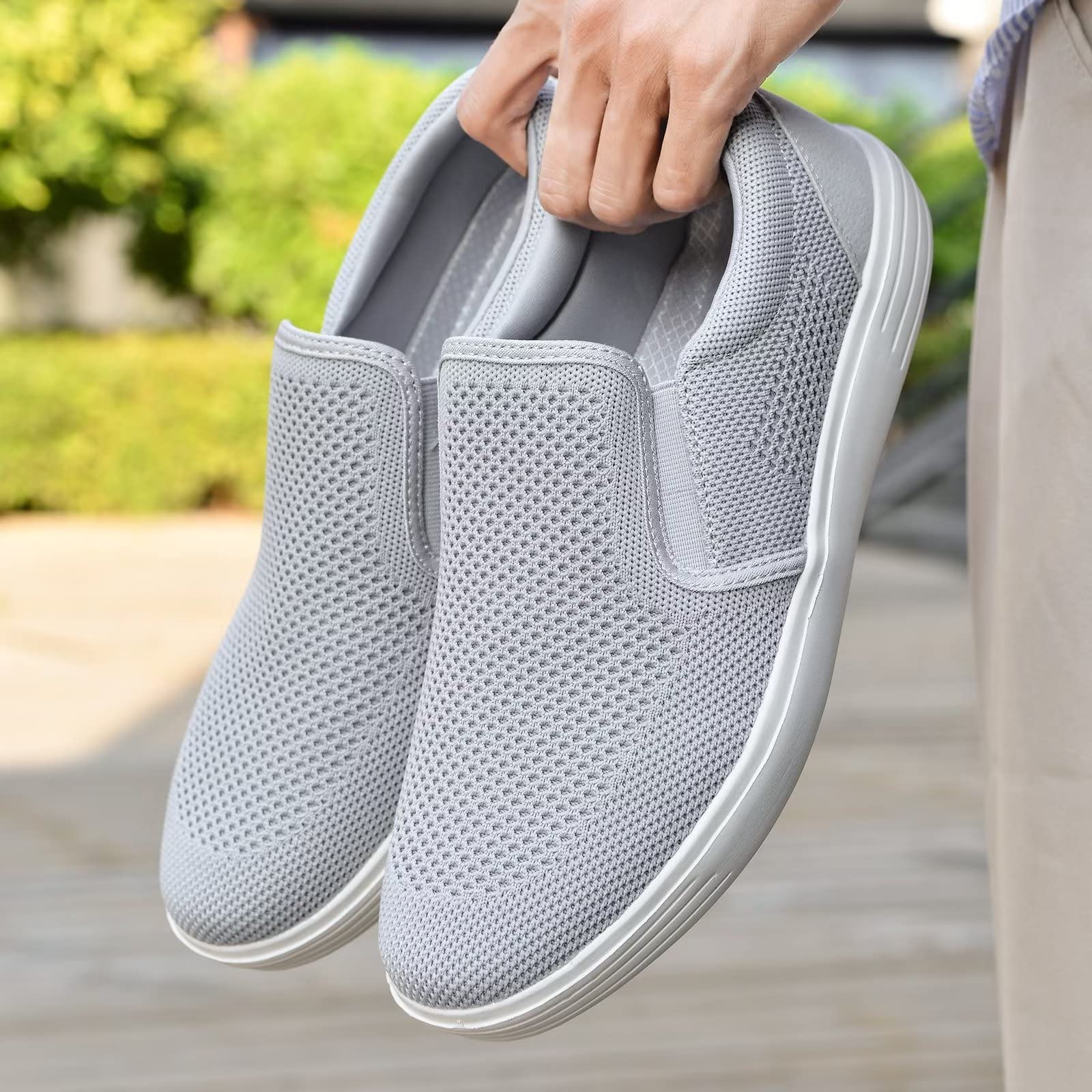 konhill Men's Slip on Sneaker - Knit Walking Loafers Memory Foam Driving Work Skate Shoes Arch Support Slip Resistant Shoes 7.5 US Gray 40