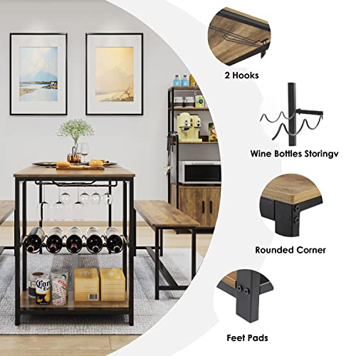 HITHOS 3-Piece Dining Table Set, Rustic Wood Kitchen Dinner Table with Benches for 4, Breakfast Nook Table with Wine Rack and Glass Holder, Rustic Brown