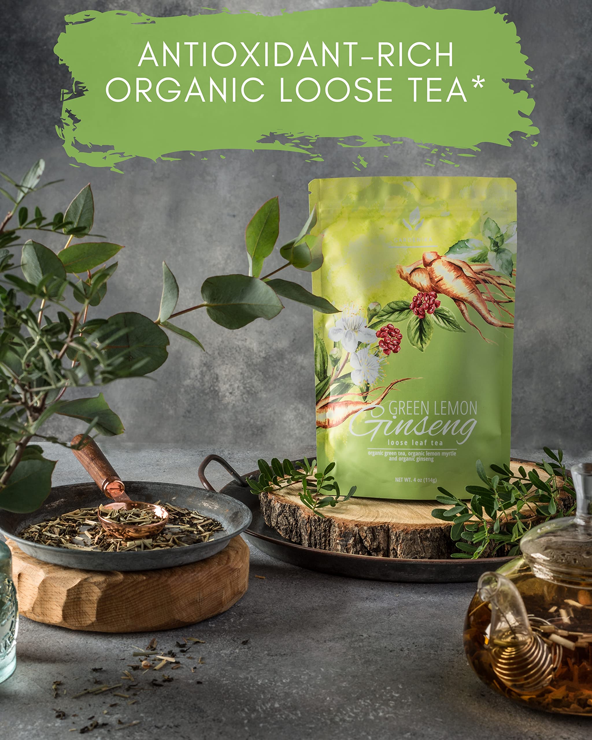 Gardenika Organic Ginseng Green Loose Leaf Tea – Kosher, No Natural or Artificial Flavors – 4 oz