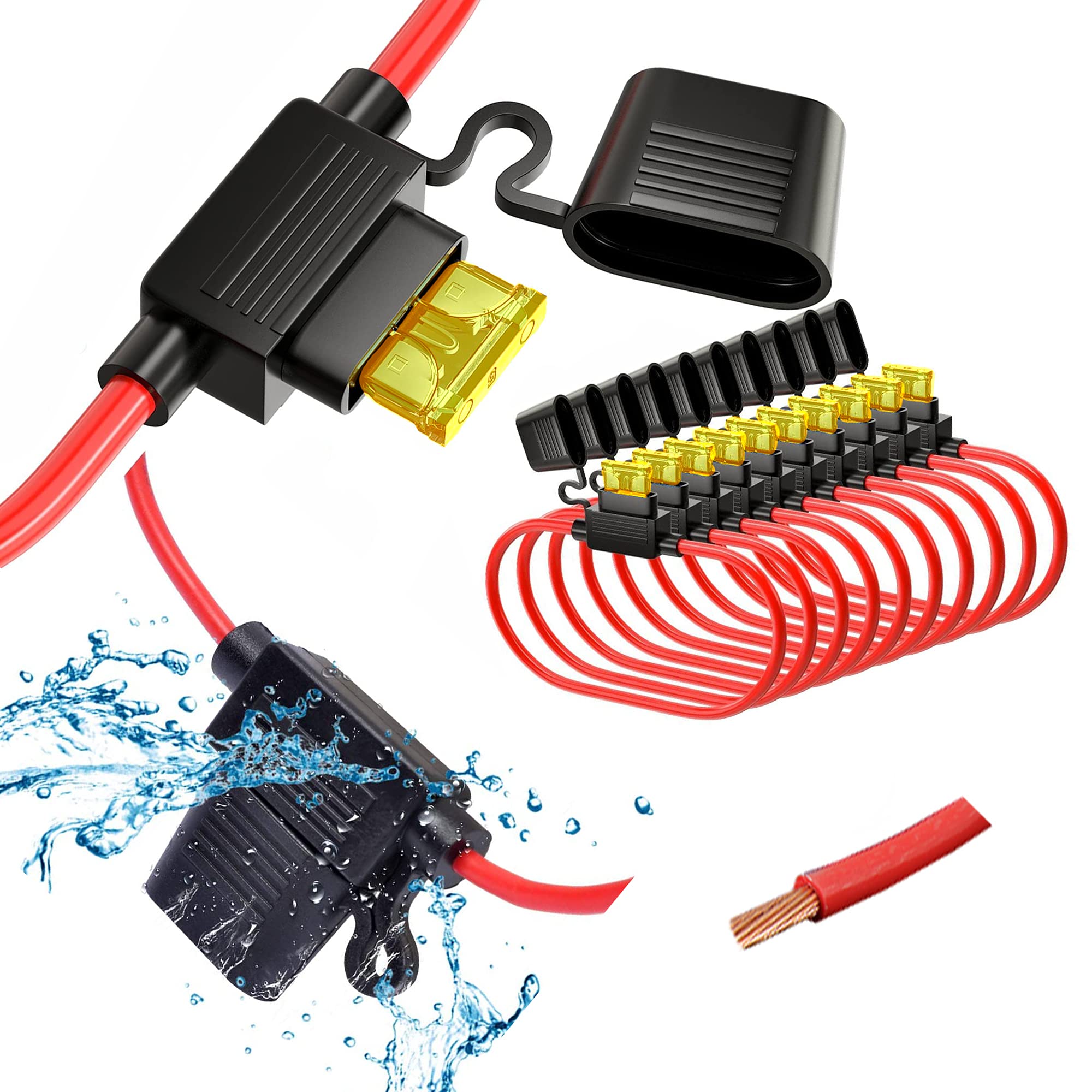 10 Pack 16 AWG Gauge Inline Fuse Holder with 5A Amp ATC ATO Blade Fuse Waterproof Auto RV Boat - Wave One Marine