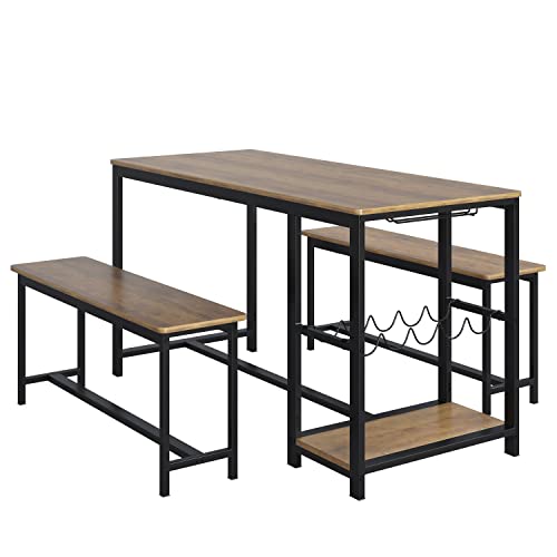 HITHOS 3-Piece Dining Table Set, Rustic Wood Kitchen Dinner Table with Benches for 4, Breakfast Nook Table with Wine Rack and Glass Holder, Rustic Brown
