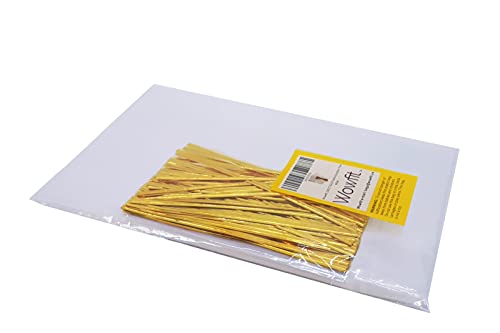 Wowfit 100 CT 6” x 10” Clear Flat Cellophane Treat Bags with 6” Gold Twist Ties, Cello Packaging for Gift Wrapping, Decorations, and Food Storage