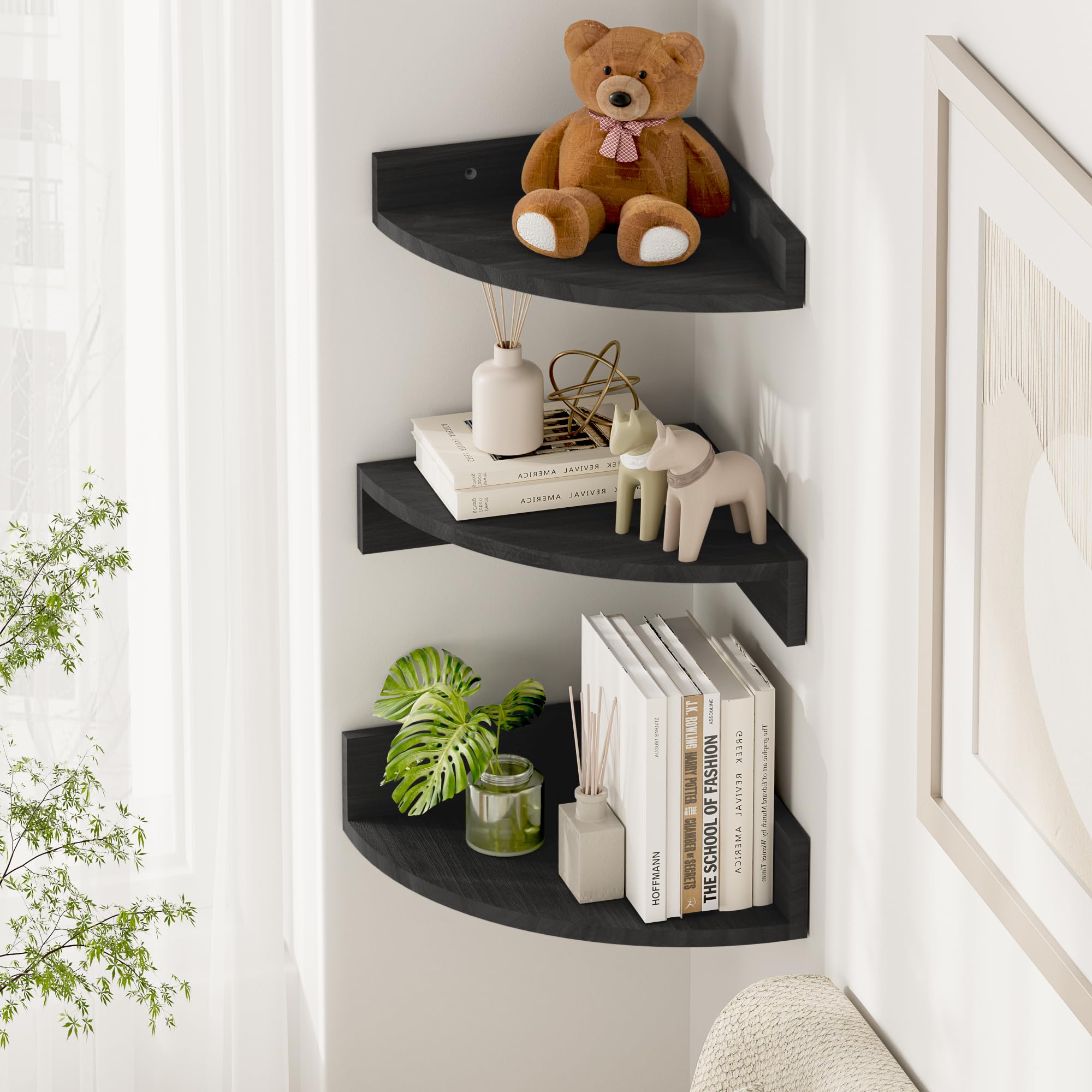 Alsonerbay Black Corner Shelf Wall Mount, Set of 3 Floating Shelves for Wall Storage and Display, Rustic Wood Shelves for Bedroom, Living Room, Bathroom, Entryway, Garage