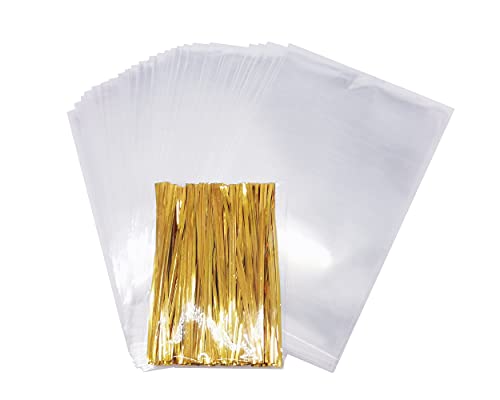 Wowfit 100 CT 6” x 10” Clear Flat Cellophane Treat Bags with 6” Gold Twist Ties, Cello Packaging for Gift Wrapping, Decorations, and Food Storage