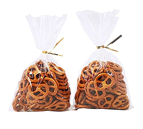Wowfit 100 CT 6” x 10” Clear Flat Cellophane Treat Bags with 6” Gold Twist Ties, Cello Packaging for Gift Wrapping, Decorations, and Food Storage