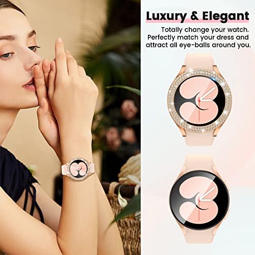 Tensea [2+2Pack for Samsung Galaxy Watch 4 2021/5 2022 Screen Protector and Case 44mm, Bling Cover Tempered Glass Protective Film and Hard PC Bumper Diamond Crystal Frame for Women