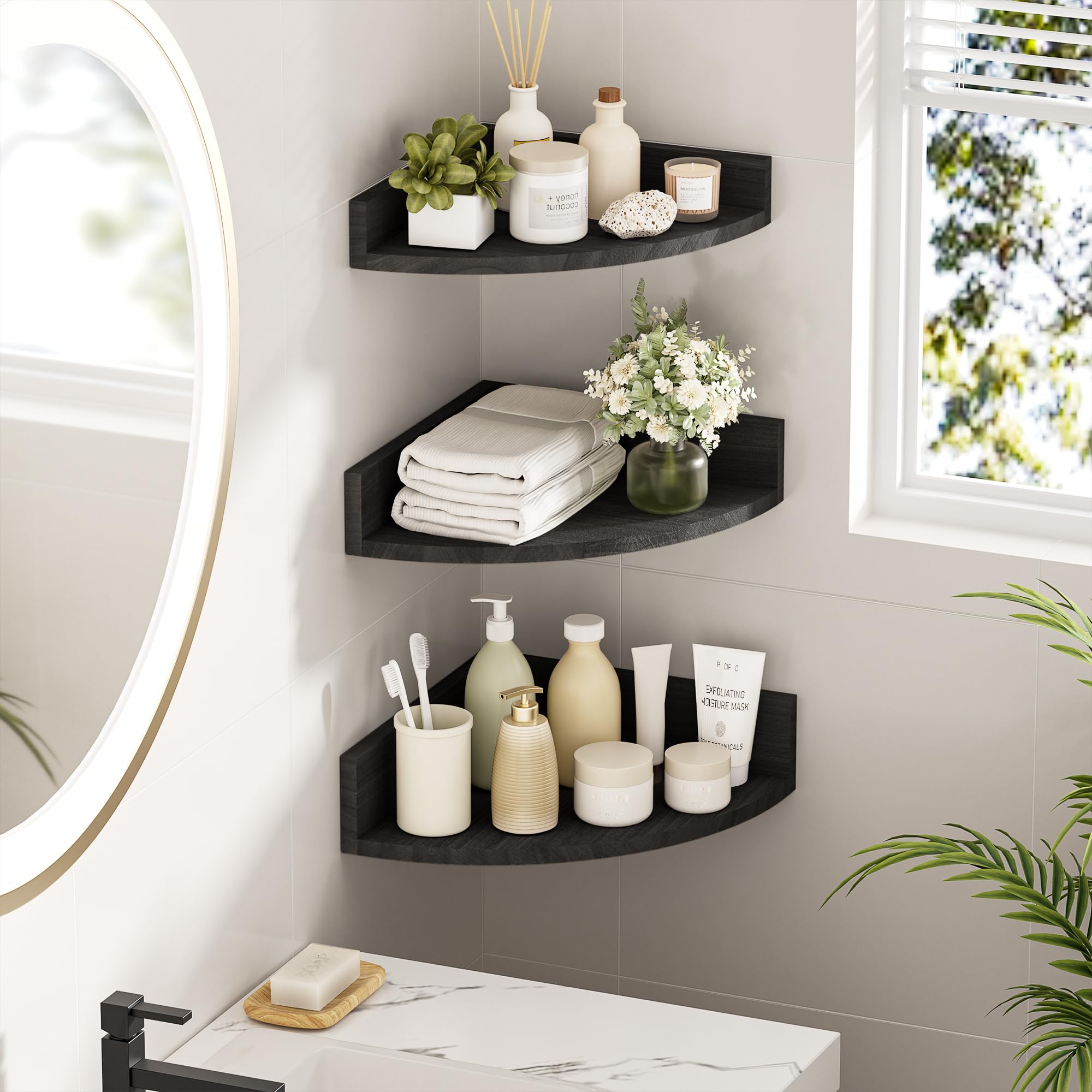 Alsonerbay Black Corner Shelf Wall Mount, Set of 3 Floating Shelves for Wall Storage and Display, Rustic Wood Shelves for Bedroom, Living Room, Bathroom, Entryway, Garage
