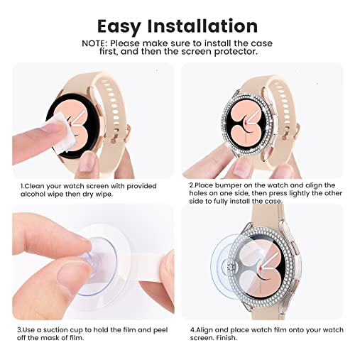 Tensea [2+2Pack for Samsung Galaxy Watch 4 2021/5 2022 Screen Protector and Case 44mm, Bling Cover Tempered Glass Protective Film and Hard PC Bumper Diamond Crystal Frame for Women