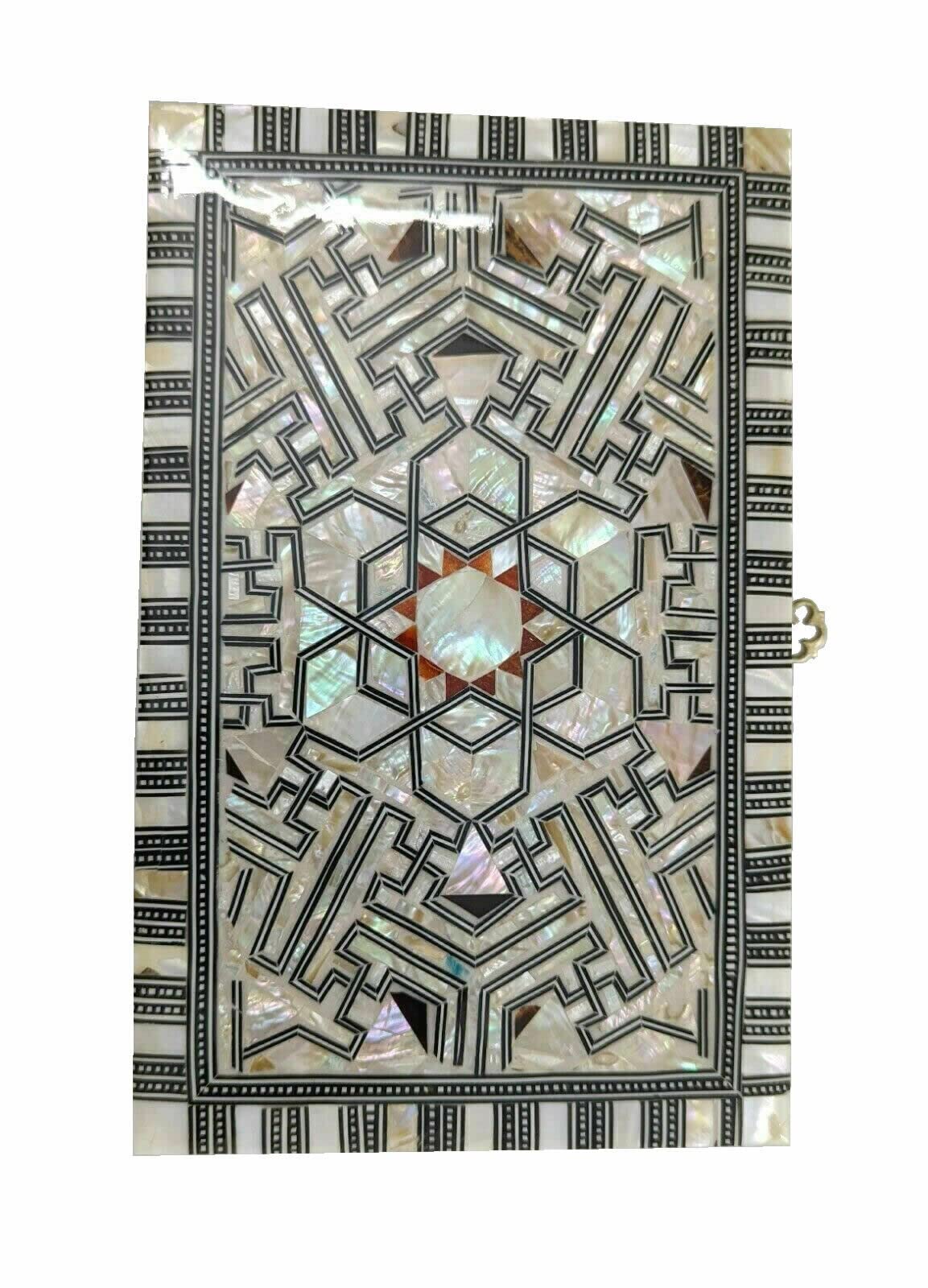 J96R Chest Egyptian Rectangular Mother Of Pearl Mosaic Jewelry Box With Key Lock, Brown