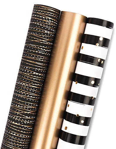 MAYPLUSS Wrapping Paper Roll - Mini Roll - 17 inch X 120 inch Per roll - 3 Different Black Gold Design (42.3 sq.ft.ttl)