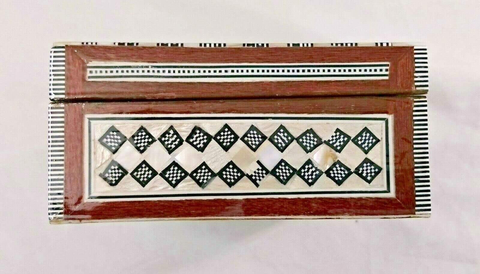 J96R Chest Egyptian Rectangular Mother Of Pearl Mosaic Jewelry Box With Key Lock, Brown