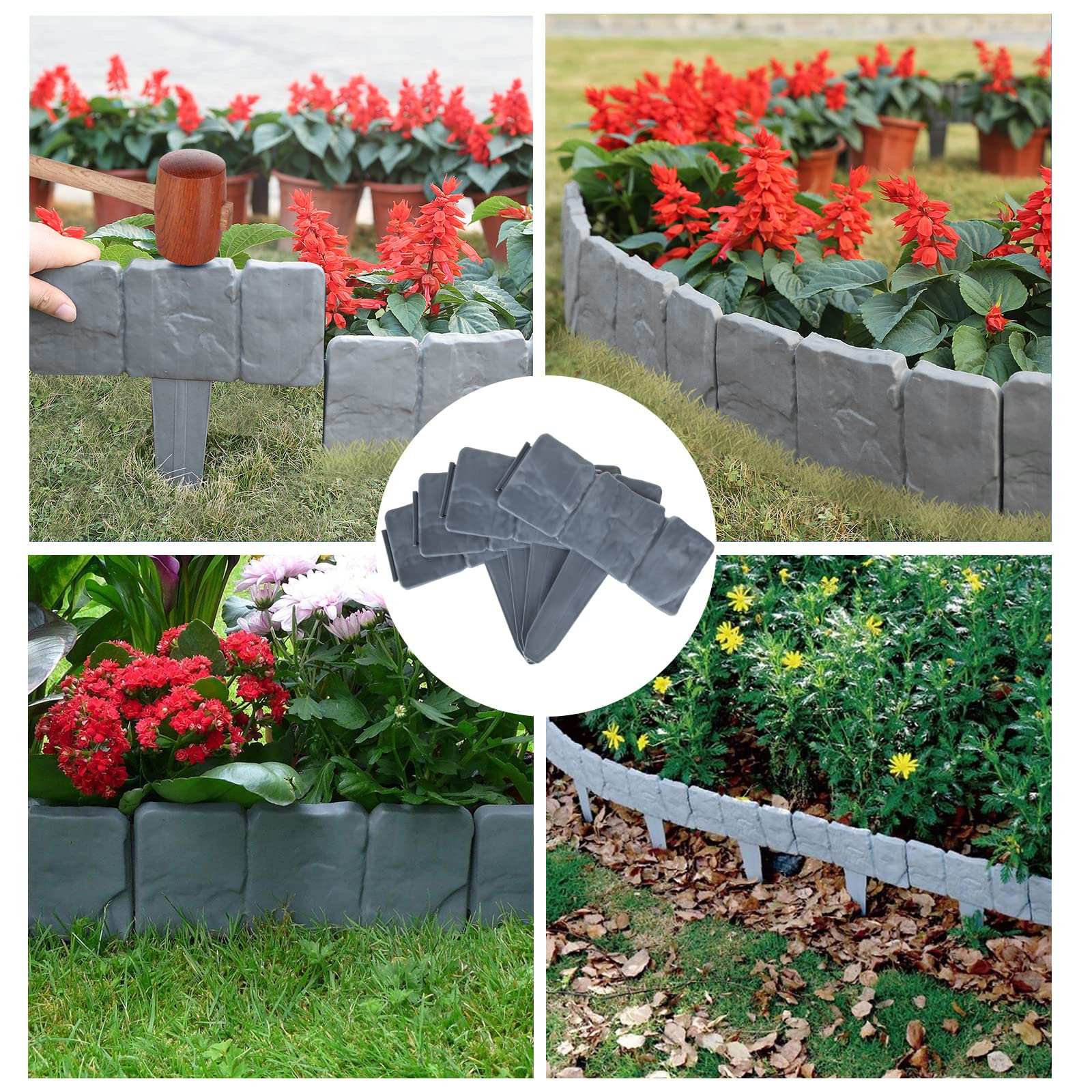 Acrux7 20 Pack Garden Edging Border, Plastic Garden Lawn Edging, DIY Grey Stone Effect Edging Plant Border, Garden Edging Flower Bed Edging for Walkways Landscape Garden Patio Lawn