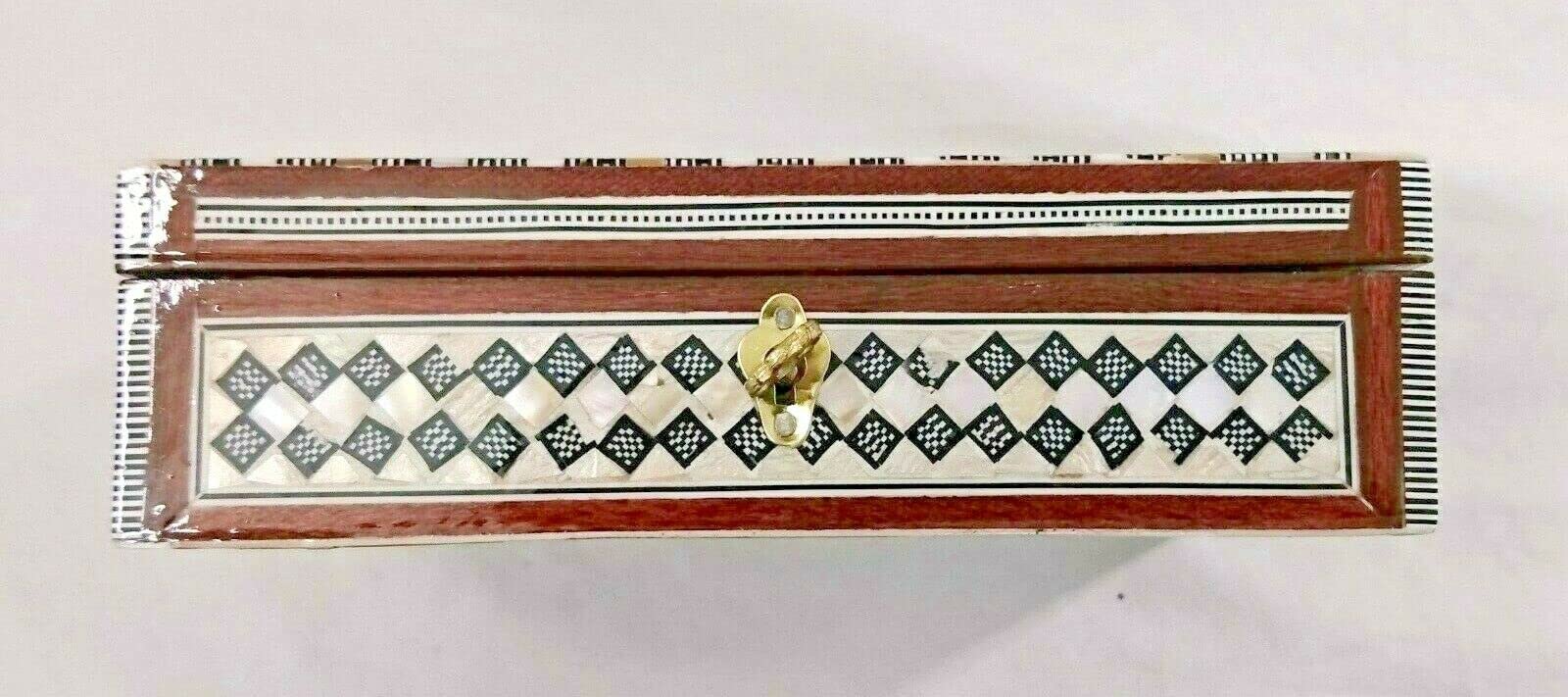 J96R Chest Egyptian Rectangular Mother Of Pearl Mosaic Jewelry Box With Key Lock, Brown