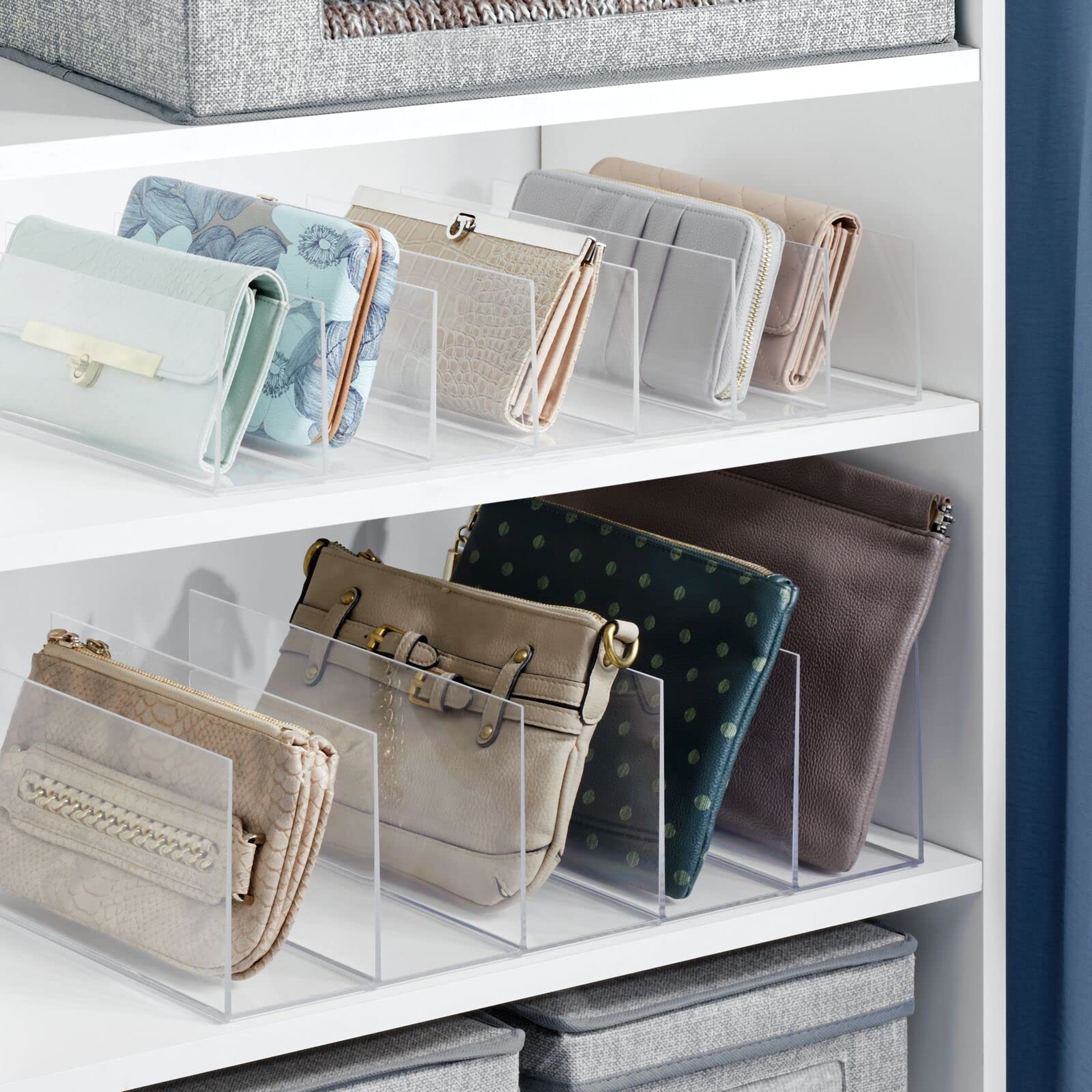mDesign Plastic Divided Clutch Organizer for Closets, Bedrooms, Dressers - Closet Shelf Storage Solution for Purses, Wallets, Bill Folds, and Accessories - 7 Sections - Lumiere Collection - Clear