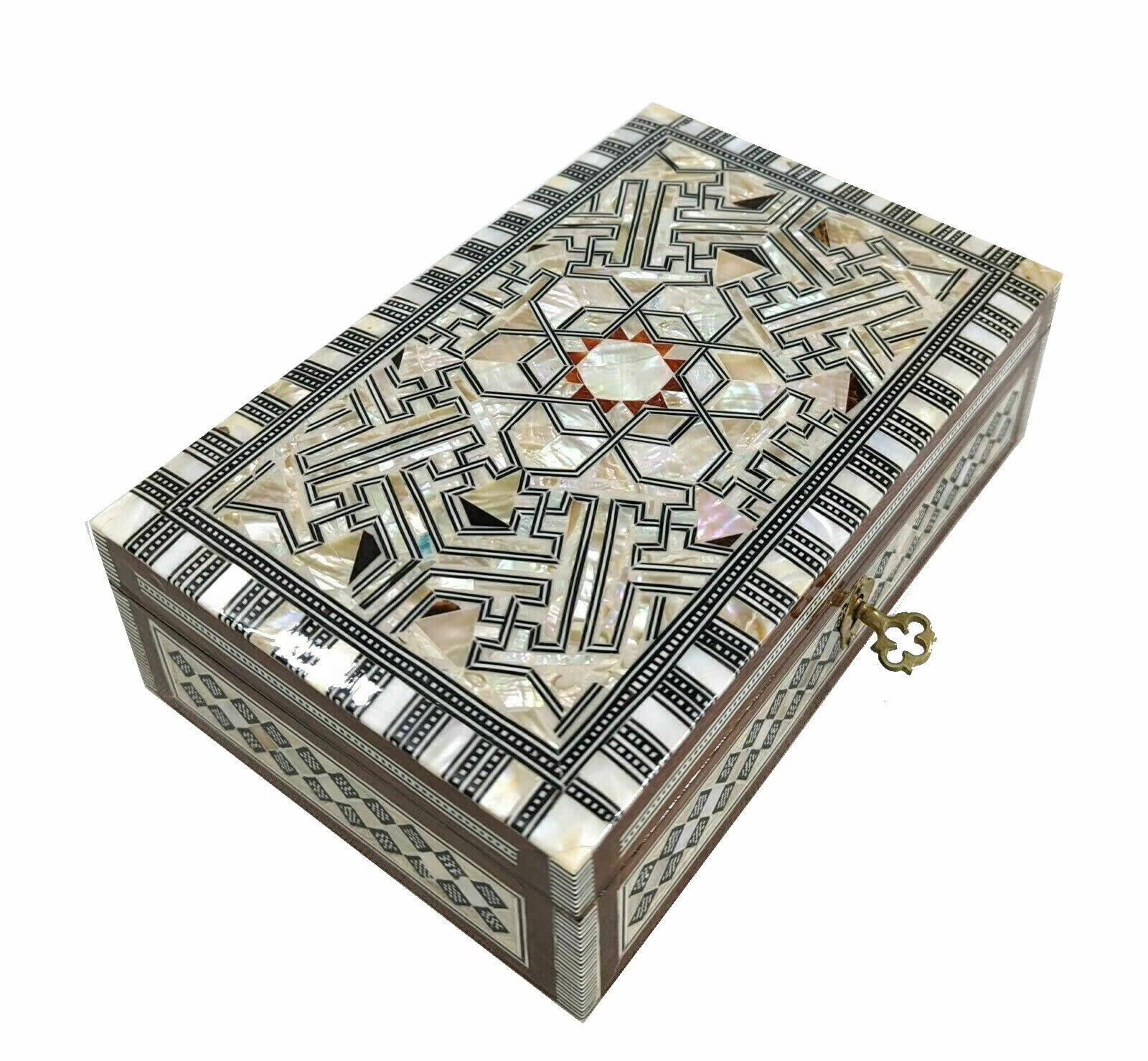 J96R Chest Egyptian Rectangular Mother Of Pearl Mosaic Jewelry Box With Key Lock, Brown