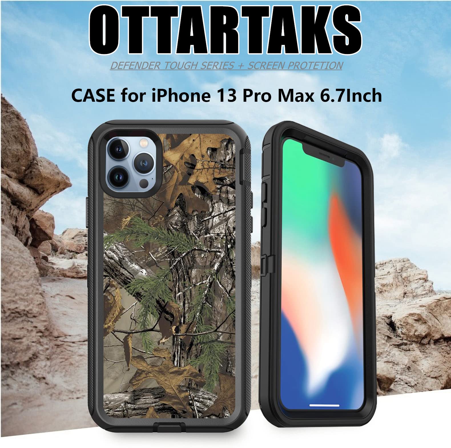 OTTARTAKS Compatible for iPhone 13 Pro Max Case with Screen Protector Heavy Duty Camo Design for Men Boys Shockproof Full-Body Protective Case for iPhone 13 Pro Max 6.7inch, Camouflage