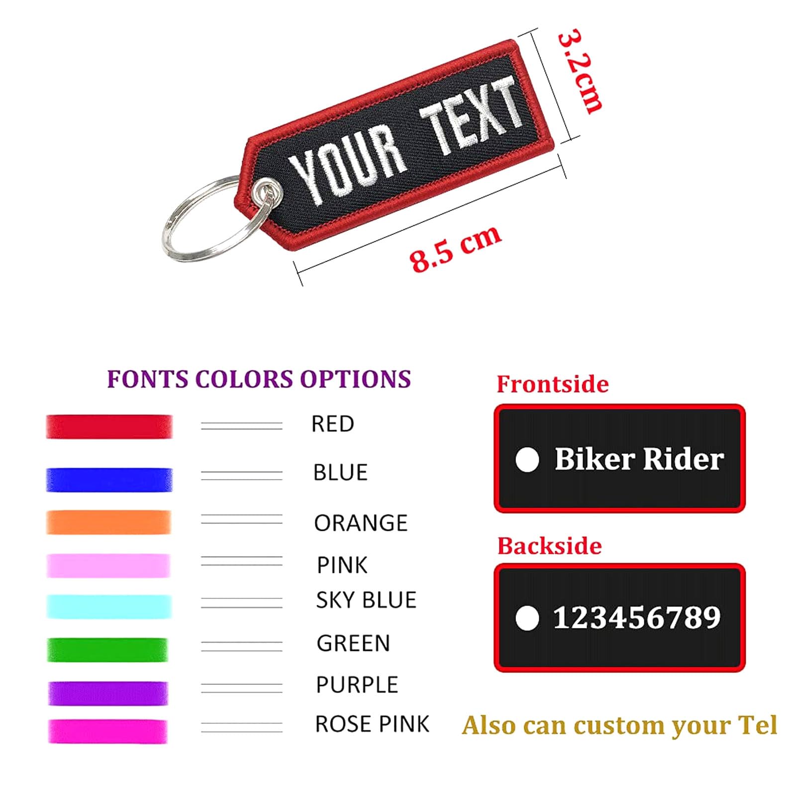 Kamao Personalized Keychain, Customized Embroidery Any Text Great Gift Keychain, for Men's Motorcycle ATV Car and Scooters, Black, Red, Orange, Blue, Yellow, 8.5x3.2 cm