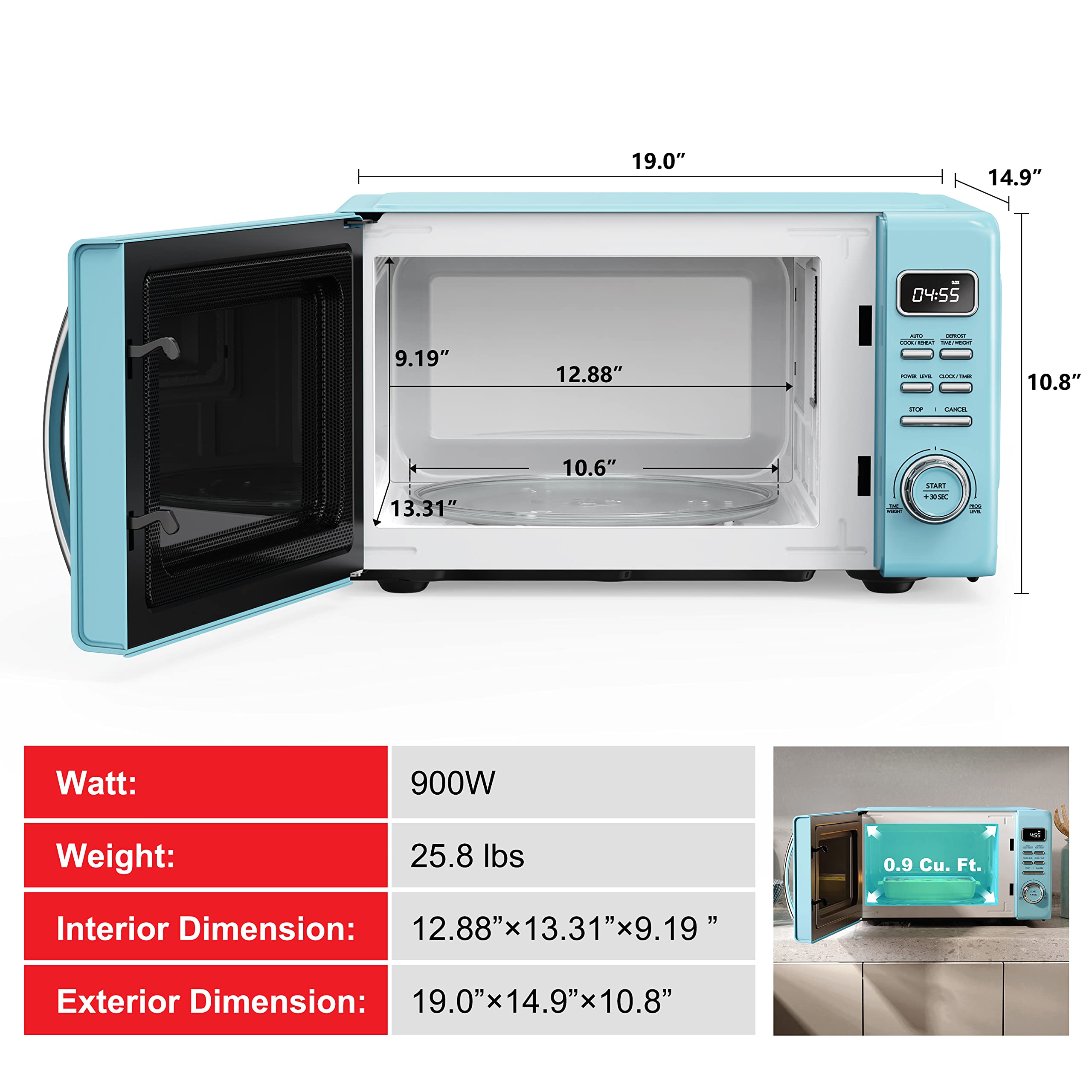 Galanz GLCMKZ09BER09 Retro Countertop Microwave Oven with Auto Cook & Reheat, Defrost, Quick Start Functions, Easy Clean with Glass Turntable, Pull Handle, 0.9 cu ft, Blue