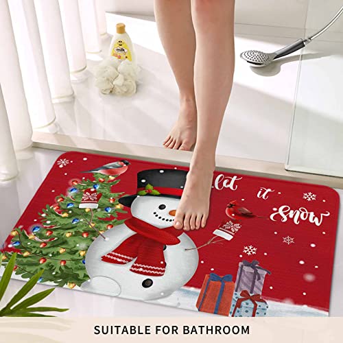 Teather Snowman Cardinal Birds Red Christmas Bath Rugs Snowflake Xmas Tree Sponge Doormat Absorbent Non Slip Backing Durable Soft Flannel Memory Foam Mats Carpet for Bathroom Kitchen, 18 x 30 inches