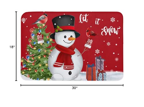 Teather Snowman Cardinal Birds Red Christmas Bath Rugs Snowflake Xmas Tree Sponge Doormat Absorbent Non Slip Backing Durable Soft Flannel Memory Foam Mats Carpet for Bathroom Kitchen, 18 x 30 inches