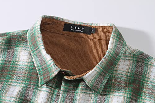 SSLR Flannel Shirts for Men Long Sleeve Button Down Shirt Lightweight Plaid Brushed Casual (Large, Green Brown)