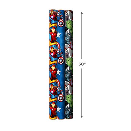 Hallmark Avengers Wrapping Paper with Cut Lines on the Reverse (3-Pack: 60 sq. ft. ttl) with Captain America, Iron Man, Black Widow, Thor and Hulk for Birthdays, Christmas, Father's Day and More