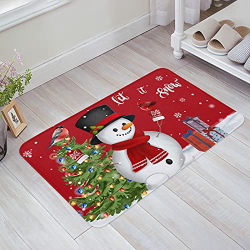 Teather Snowman Cardinal Birds Red Christmas Bath Rugs Snowflake Xmas Tree Sponge Doormat Absorbent Non Slip Backing Durable Soft Flannel Memory Foam Mats Carpet for Bathroom Kitchen, 18 x 30 inches