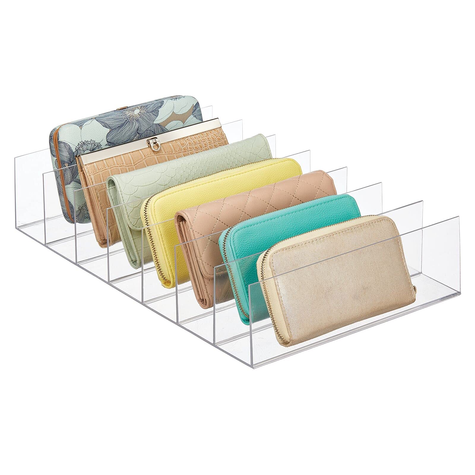 mDesign Plastic Divided Clutch Organizer for Closets, Bedrooms, Dressers - Closet Shelf Storage Solution for Purses, Wallets, Bill Folds, and Accessories - 7 Sections - Lumiere Collection - Clear