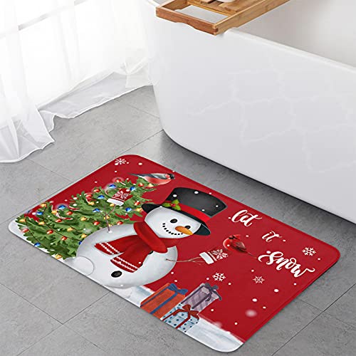 Teather Snowman Cardinal Birds Red Christmas Bath Rugs Snowflake Xmas Tree Sponge Doormat Absorbent Non Slip Backing Durable Soft Flannel Memory Foam Mats Carpet for Bathroom Kitchen, 18 x 30 inches
