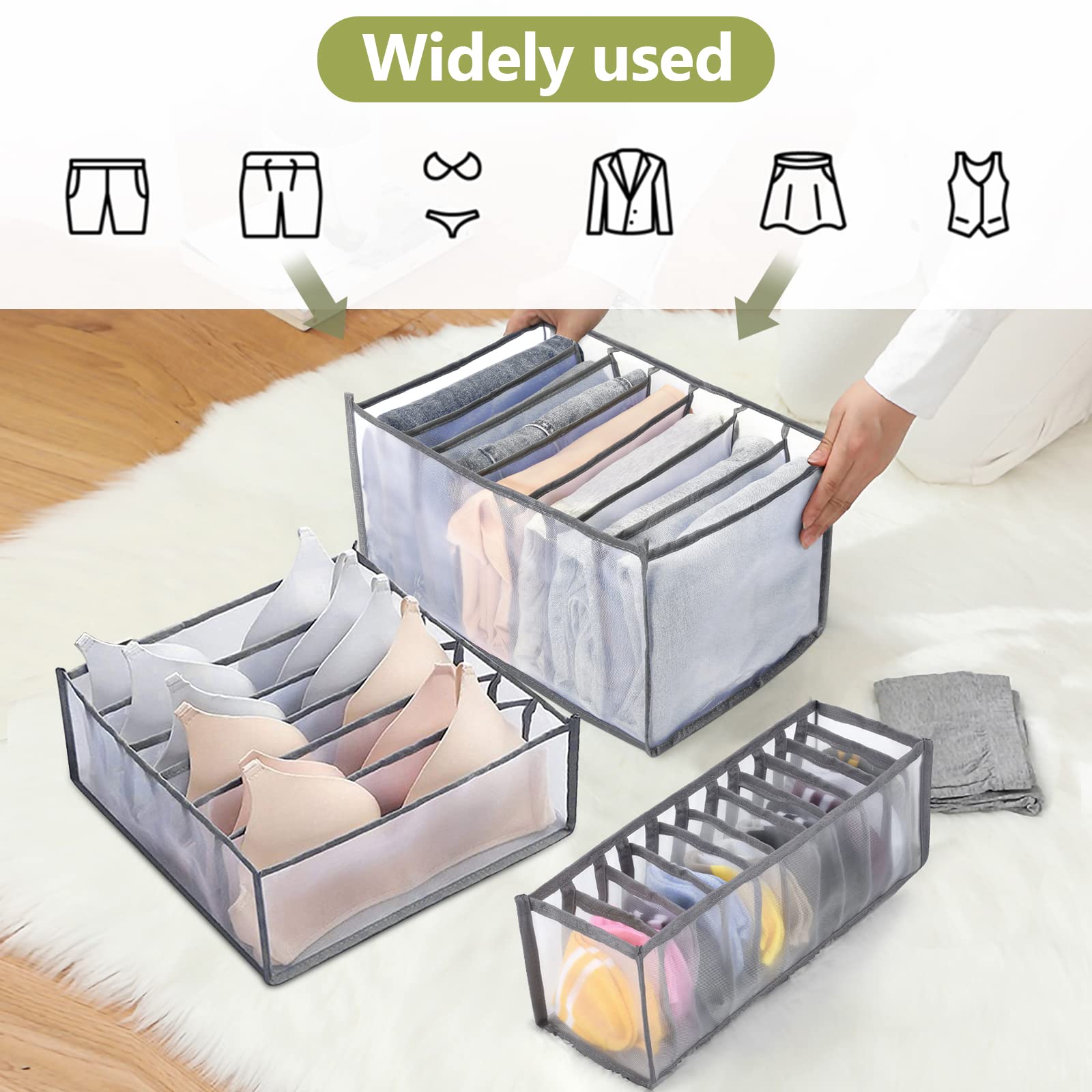 TOOVREN T-Shirt Organizer, Drawer Dividers for Clothes, Mesh Clothes Storage for Leggings, T-Shirts, Kids Jeans, Underwear (3Pack)