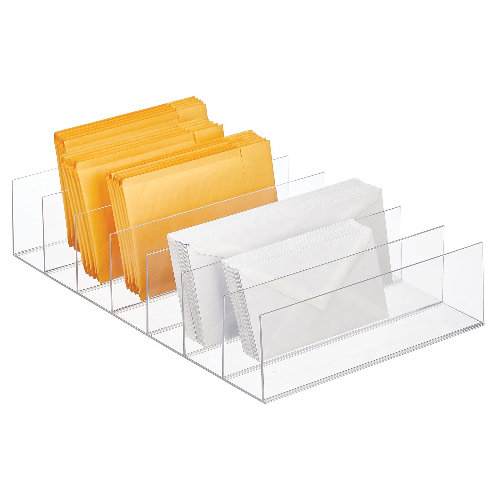 mDesign Plastic Divided Clutch Organizer for Closets, Bedrooms, Dressers - Closet Shelf Storage Solution for Purses, Wallets, Bill Folds, and Accessories - 7 Sections - Lumiere Collection - Clear