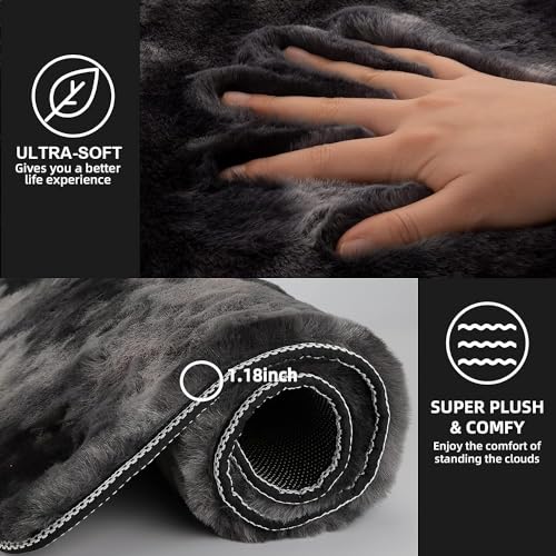 Bathroom Rugs Sets 3 Piece, Bath mats, Contour Mat and Toilet Seat Cover, Non-Slip Soft Thickness Faux Fur Rabbit Water Absorbent Shower Carpet Rug with PVC Point Rubber Backing, Machine Washable