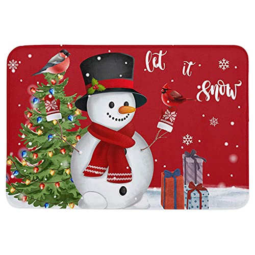 Teather Snowman Cardinal Birds Red Christmas Bath Rugs Snowflake Xmas Tree Sponge Doormat Absorbent Non Slip Backing Durable Soft Flannel Memory Foam Mats Carpet for Bathroom Kitchen, 18 x 30 inches