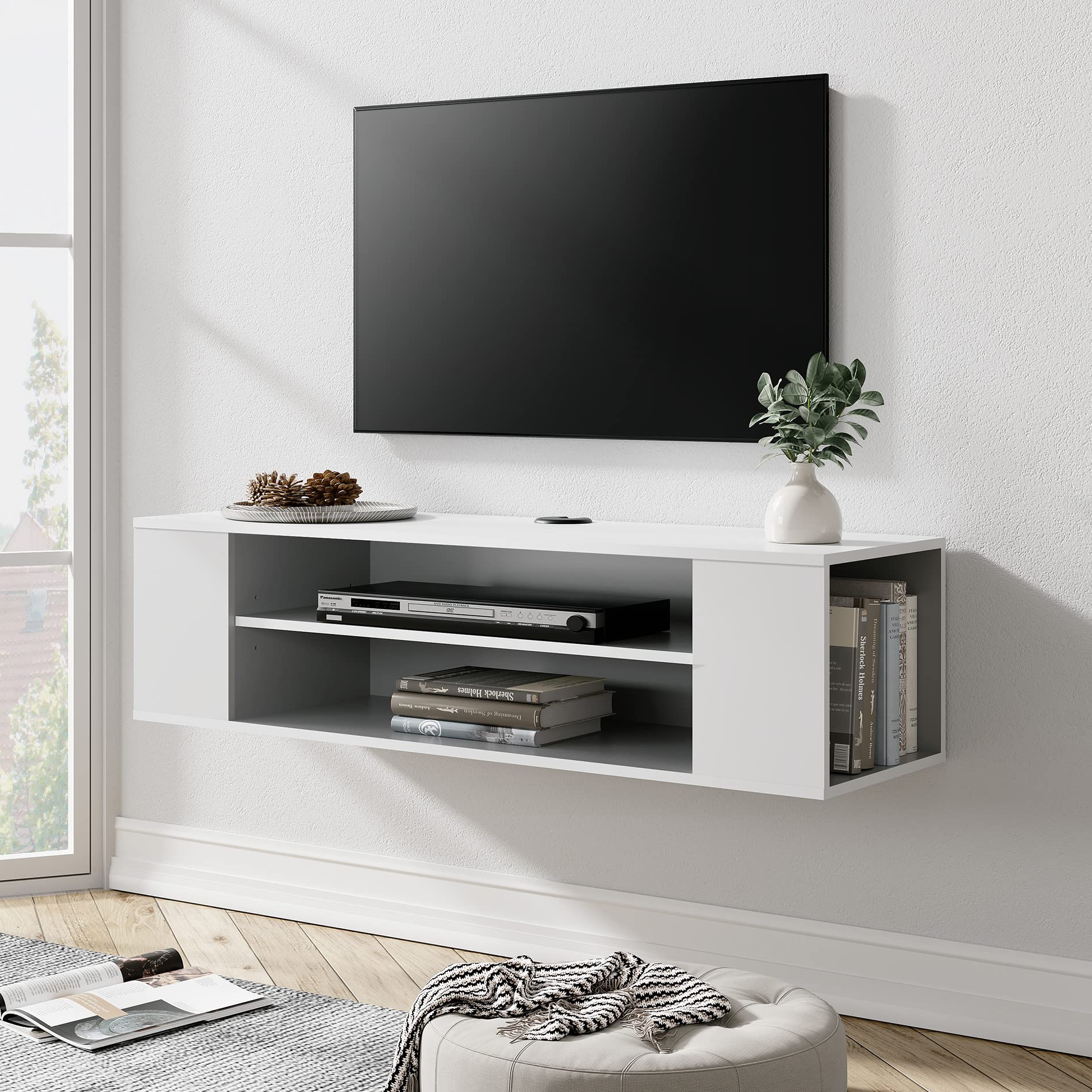 WAMPAT White Floating Entertainment Center for Wall, Floating TV Shelf Wood Media Console Storage TV Cabinet Hutch Under TV for Living Room, White, 39.4 Inch