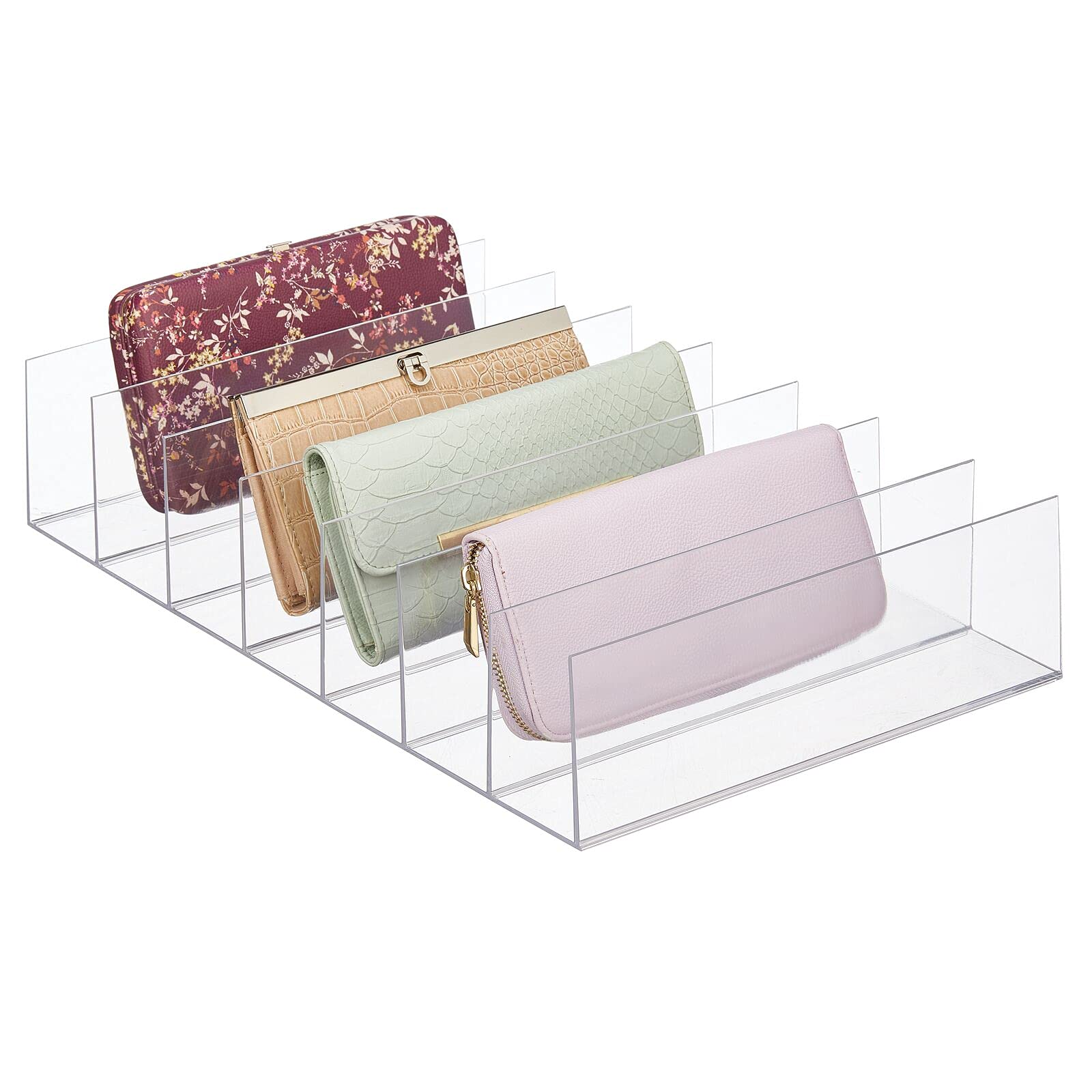 mDesign Plastic Divided Clutch Organizer for Closets, Bedrooms, Dressers - Closet Shelf Storage Solution for Purses, Wallets, Bill Folds, and Accessories - 7 Sections - Lumiere Collection - Clear